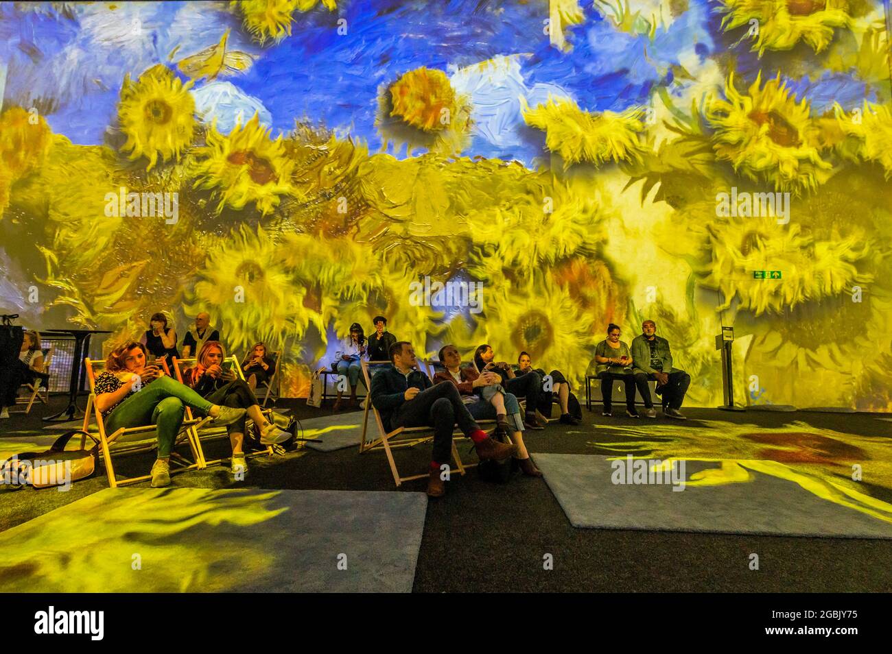 London, UK. 3rd Aug, 2021. The main room with a rolling projection of ...