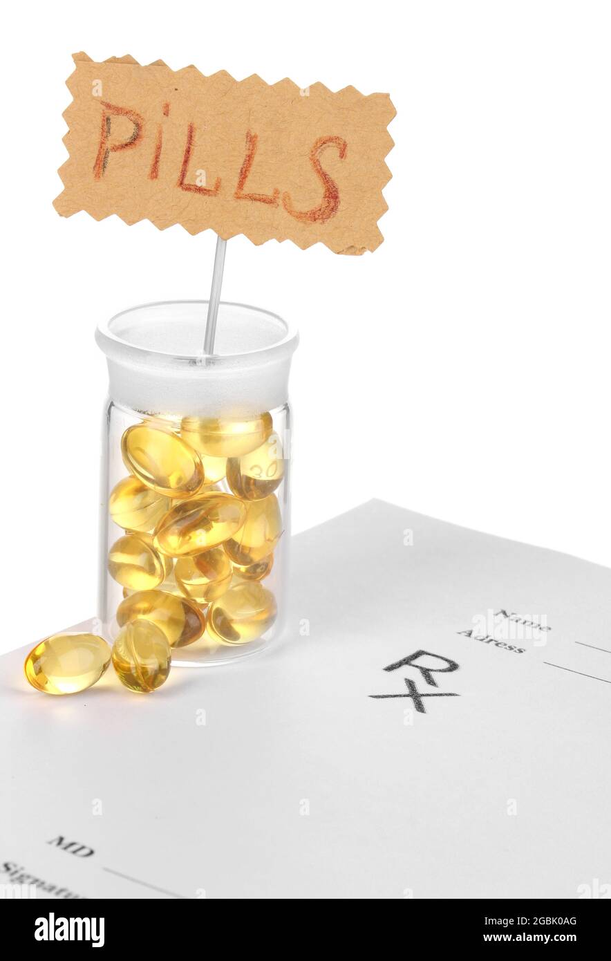 Capsules in receptacle with prescription pharmacist isolated on white ...