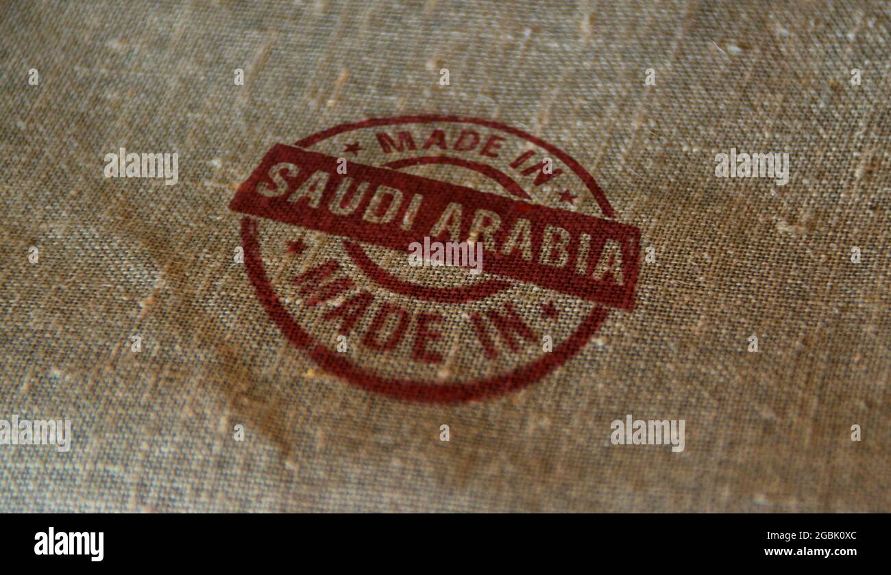 Made in Saudi Arabia stamp printed on linen sack. Factory ...