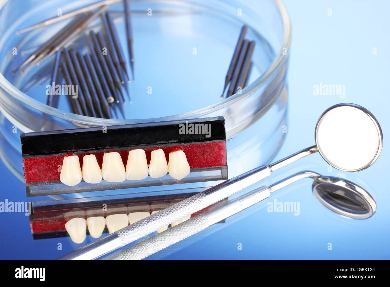 denture with dental tools on blue background Stock Photo - Alamy