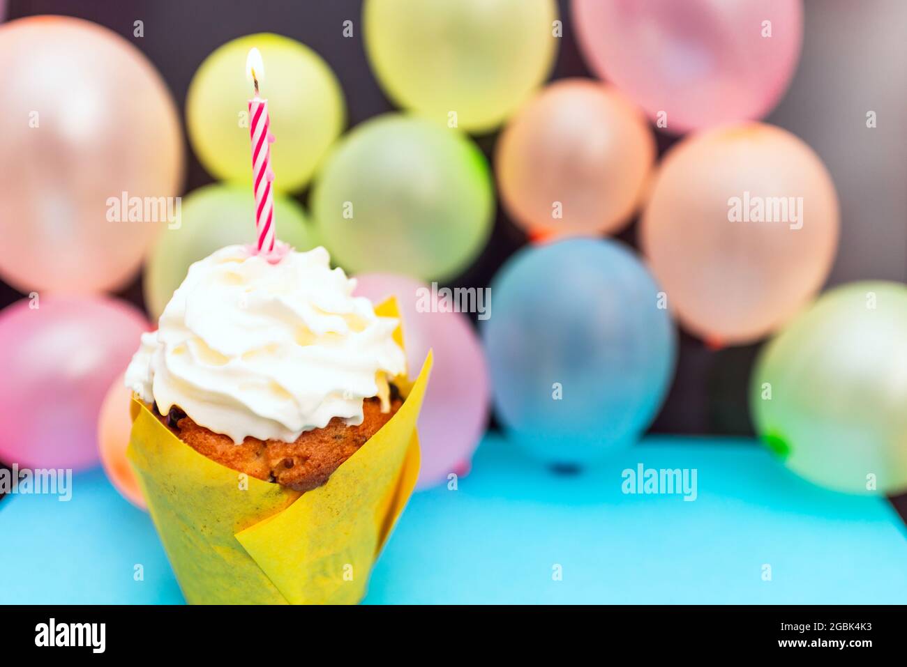 Birthday cupcake.Pastel yellow birthday cupcake with candle and blurred ...