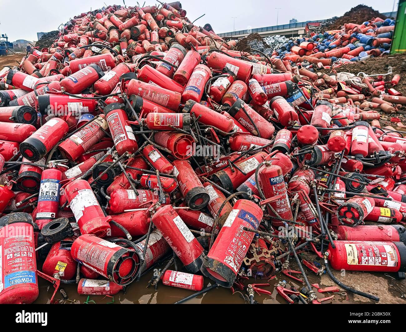 Fire extinguishers used to extinguish fires in a landfill. Old fire ...
