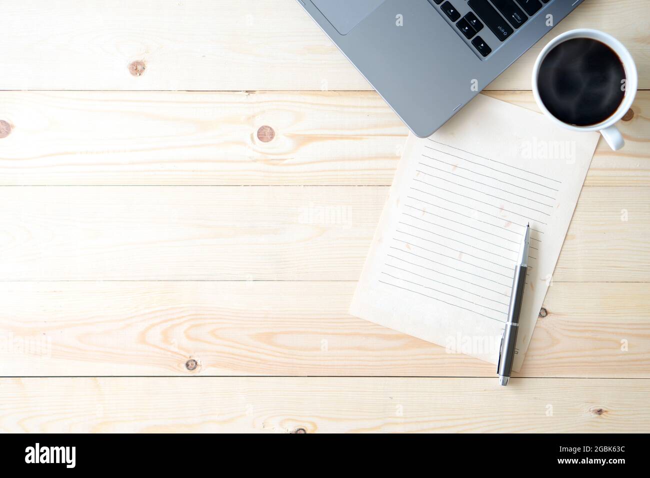 Top view wooden office desk with computer and supplies Stock Photo - Alamy