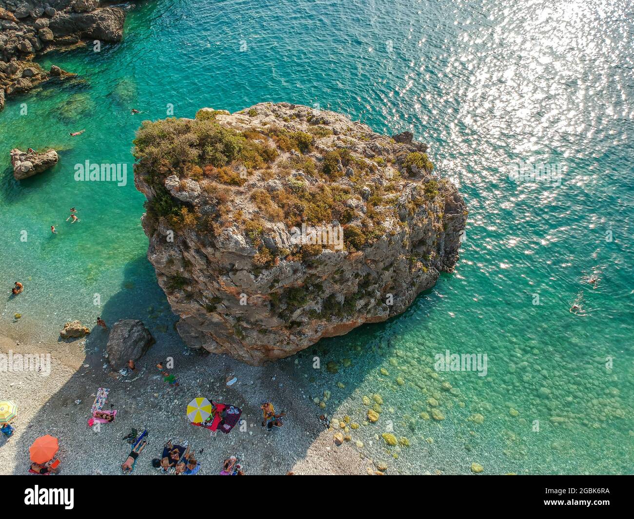 Aerial view of the famous rocky beach Foneas near Kardamyli village in ...