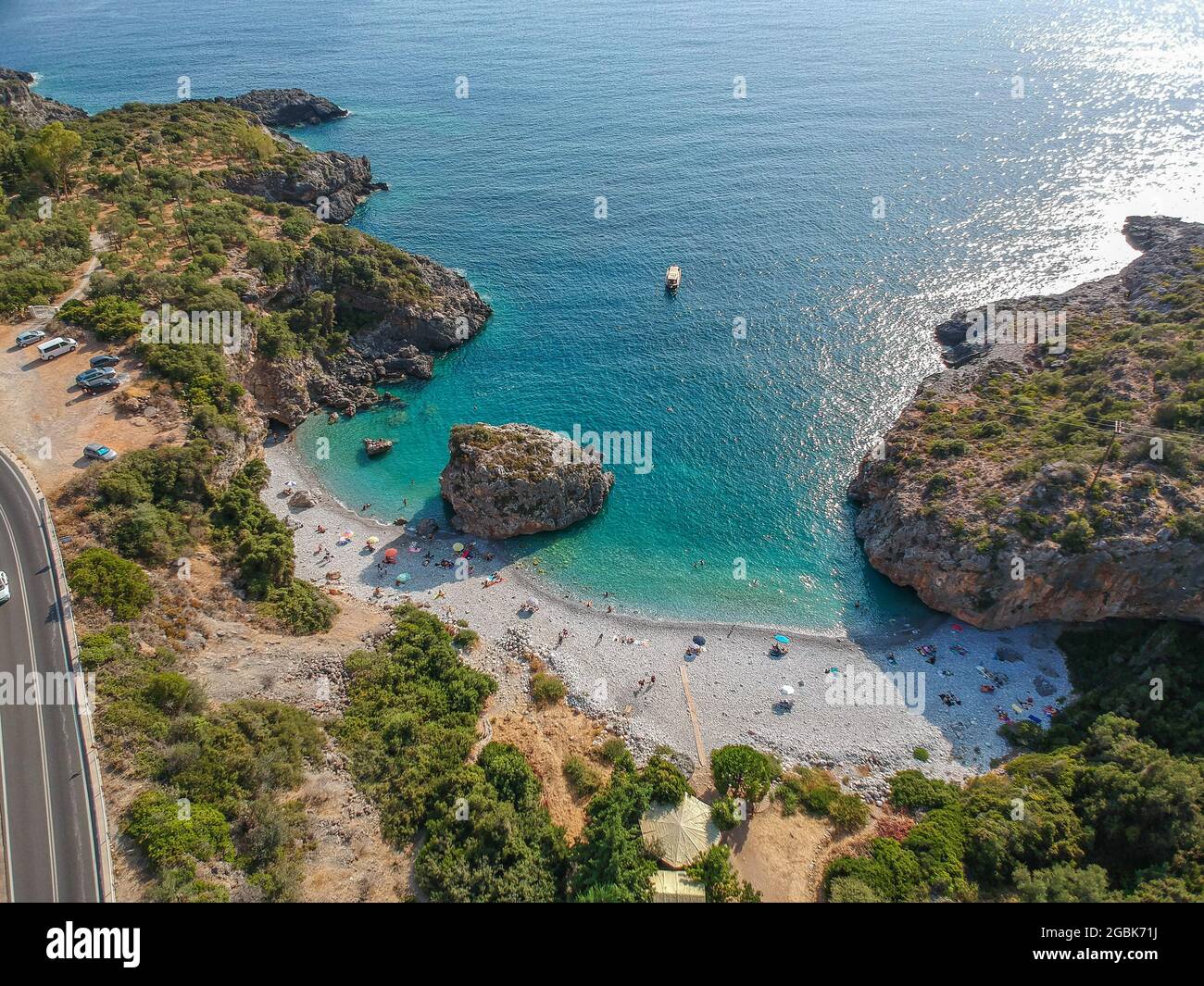 Aerial view of the famous rocky beach Foneas near Kardamyli village in ...