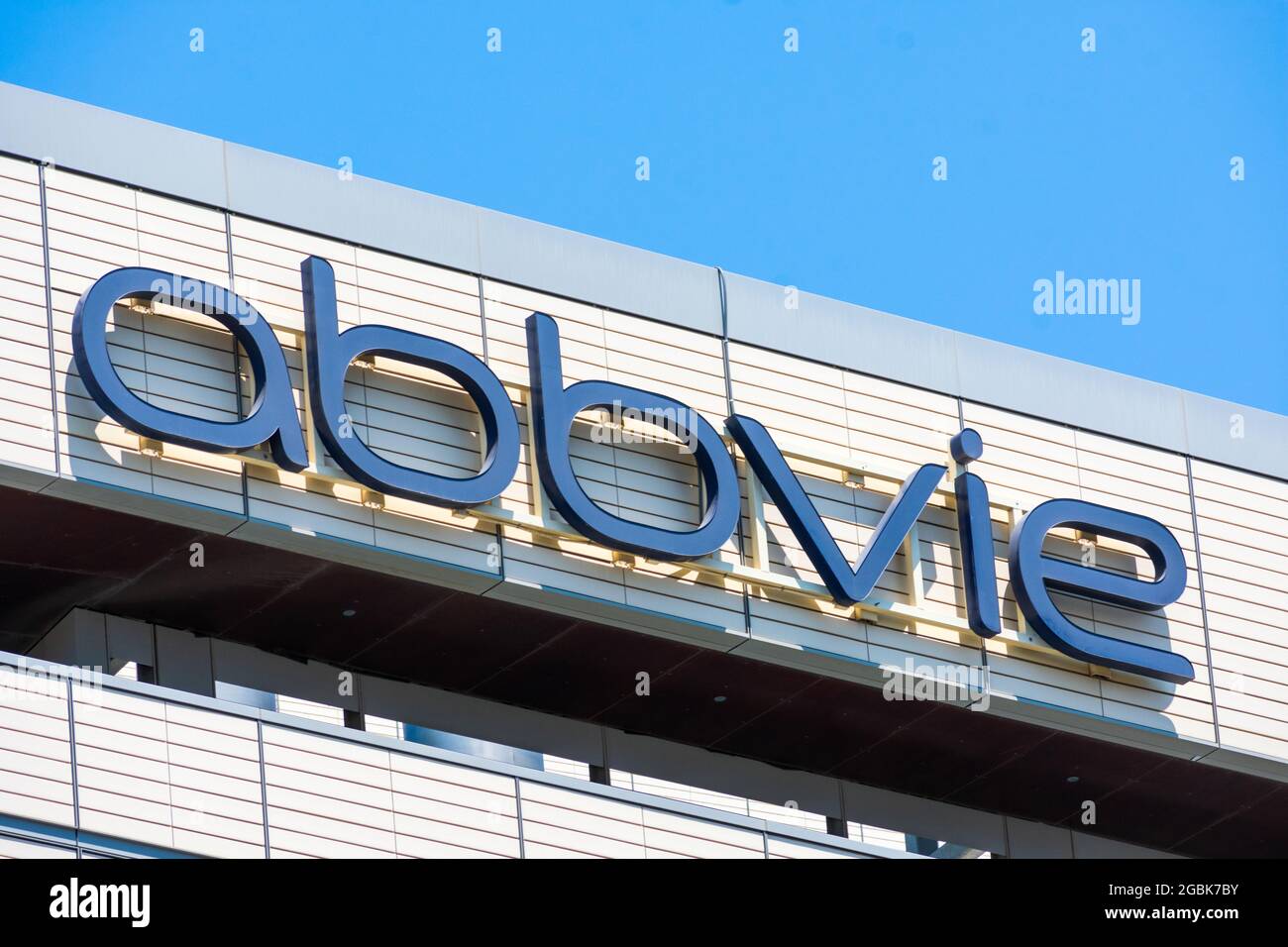 AbbVie sign, logo on headquarters facade of an American publicly traded ...