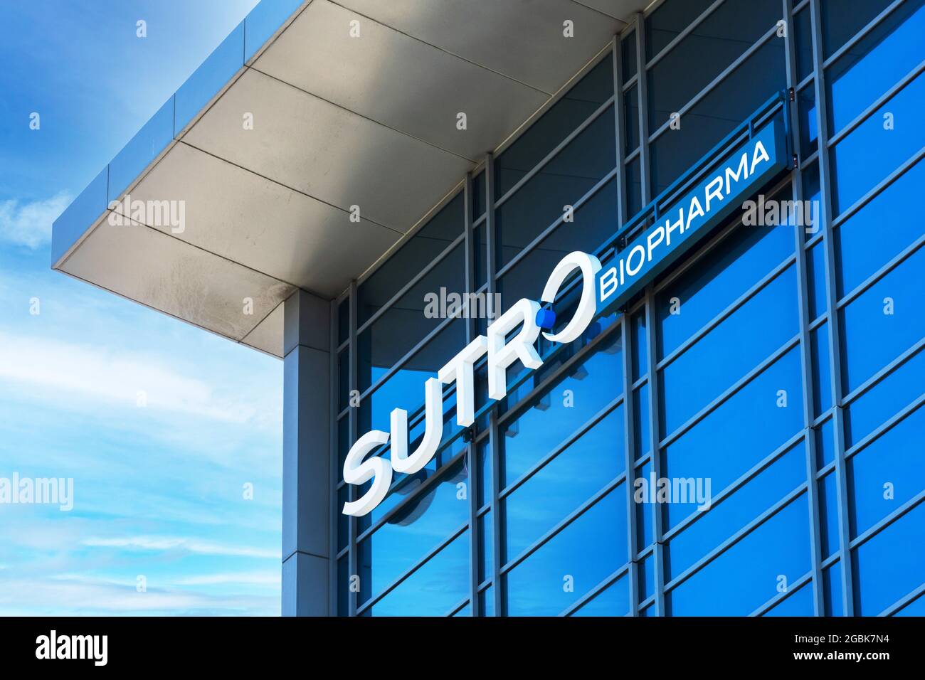 Sutro Biopharma sign, logo on headquarters facade of an American public ...