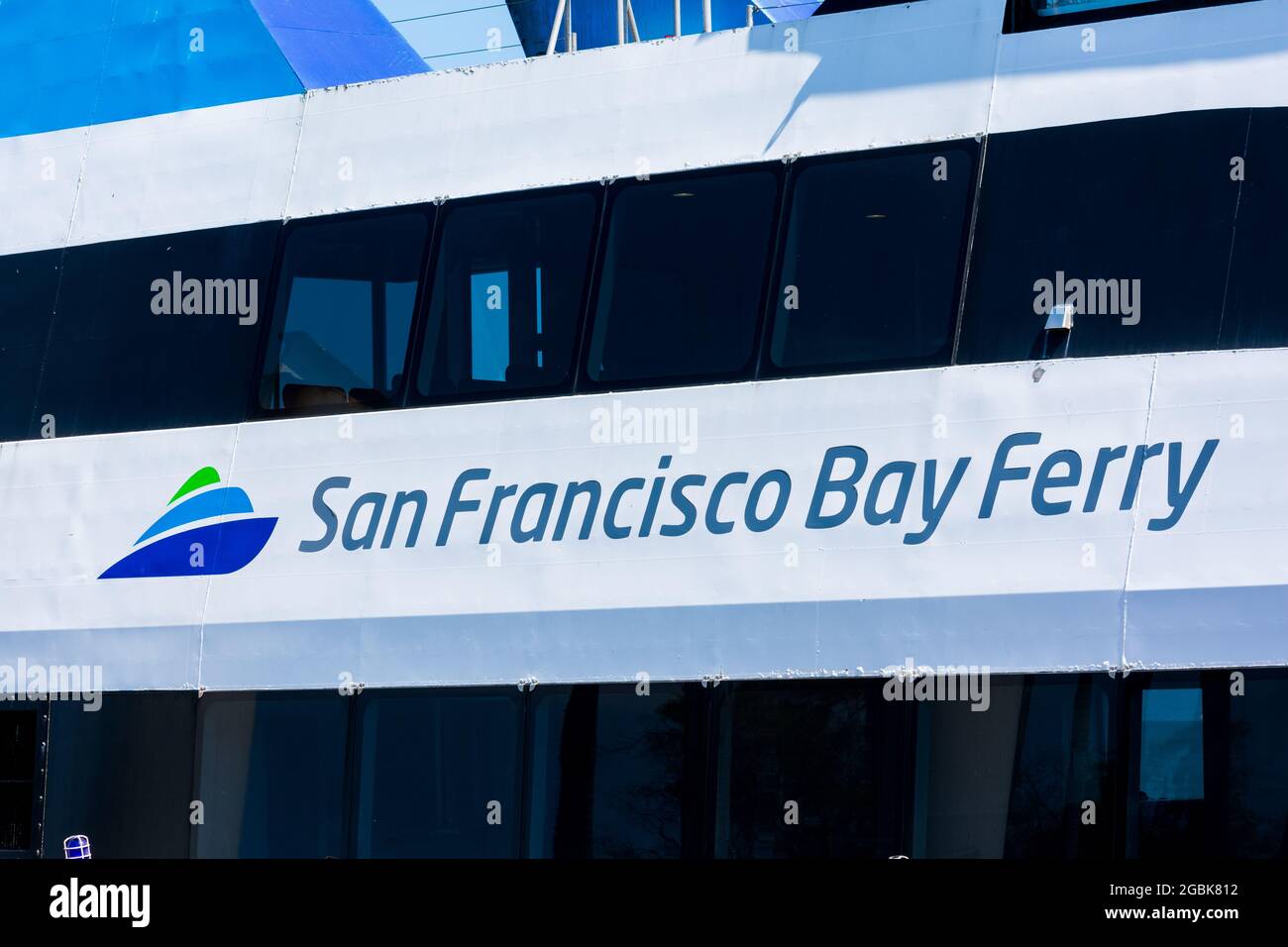 San Francisco Bay Ferry sign on the boat. San Francisco Bay Ferry is a ...