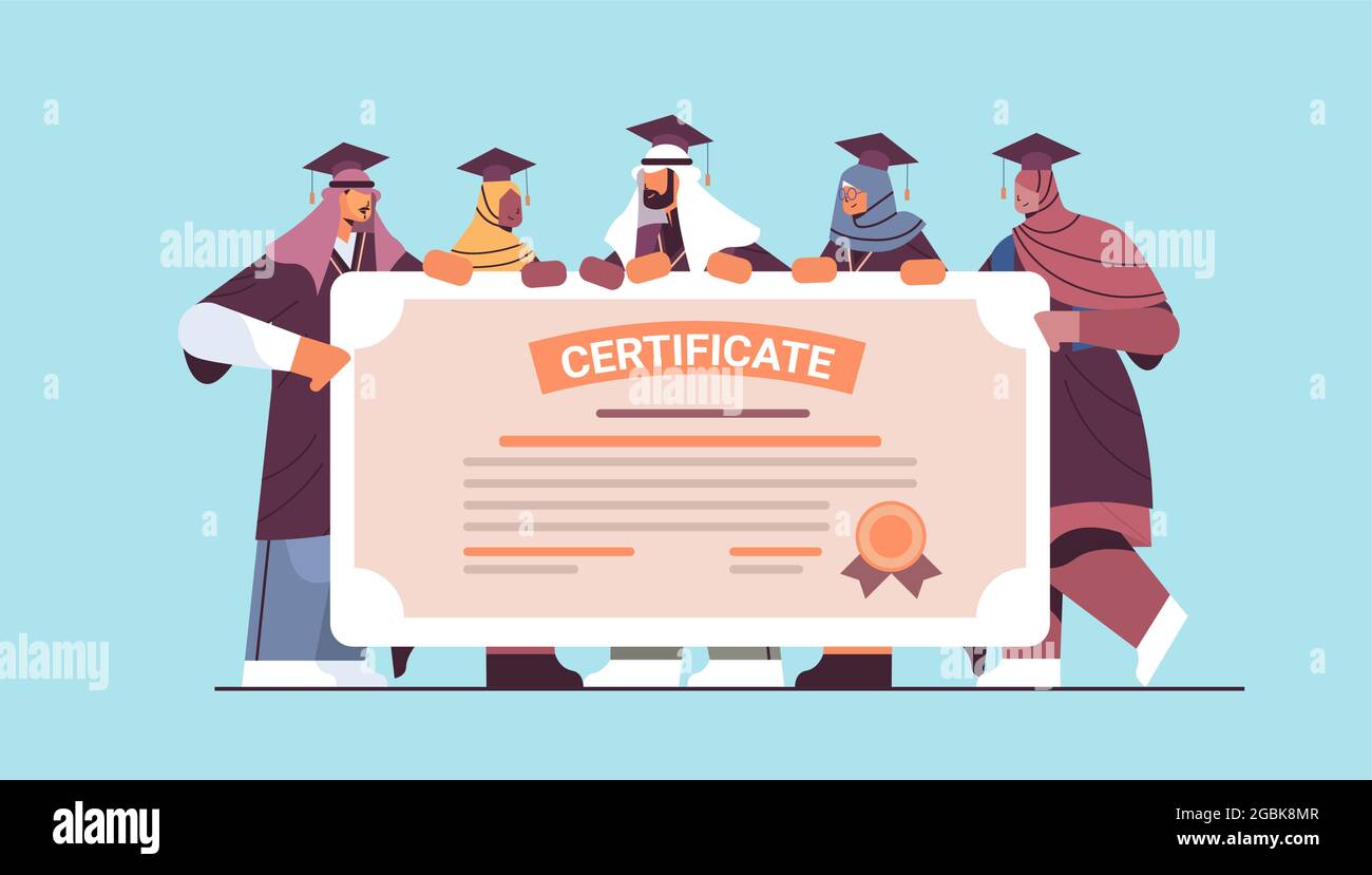 arab graduated students standing together near certificate arabic ...