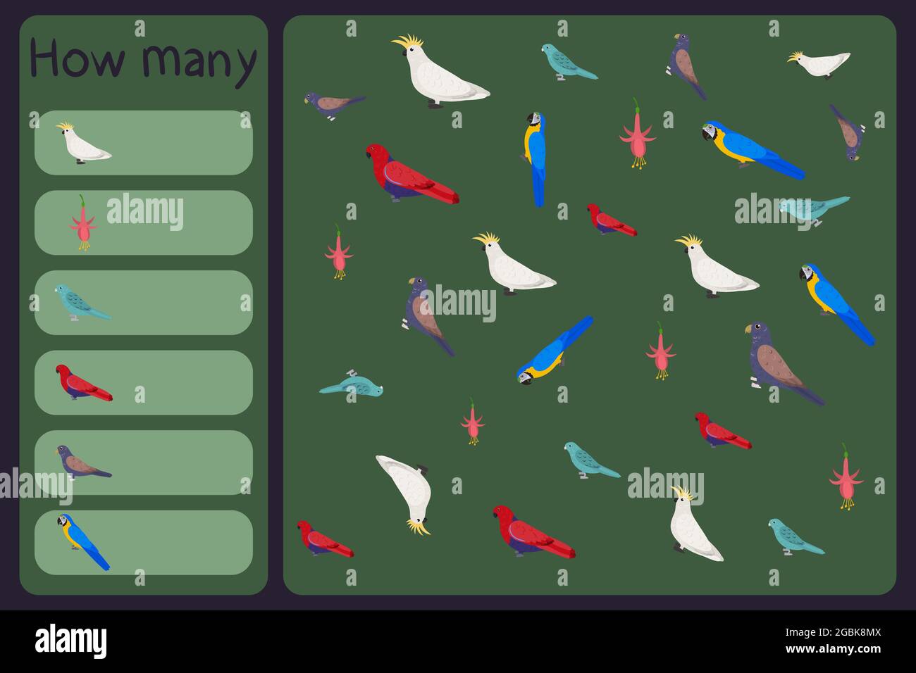 Kids mathematical mini game - count how many parrots and tropical ...
