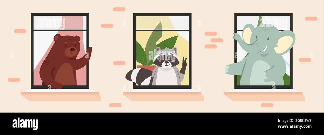 Cute neighbor animals in home windows frames, neighborhood vector ...