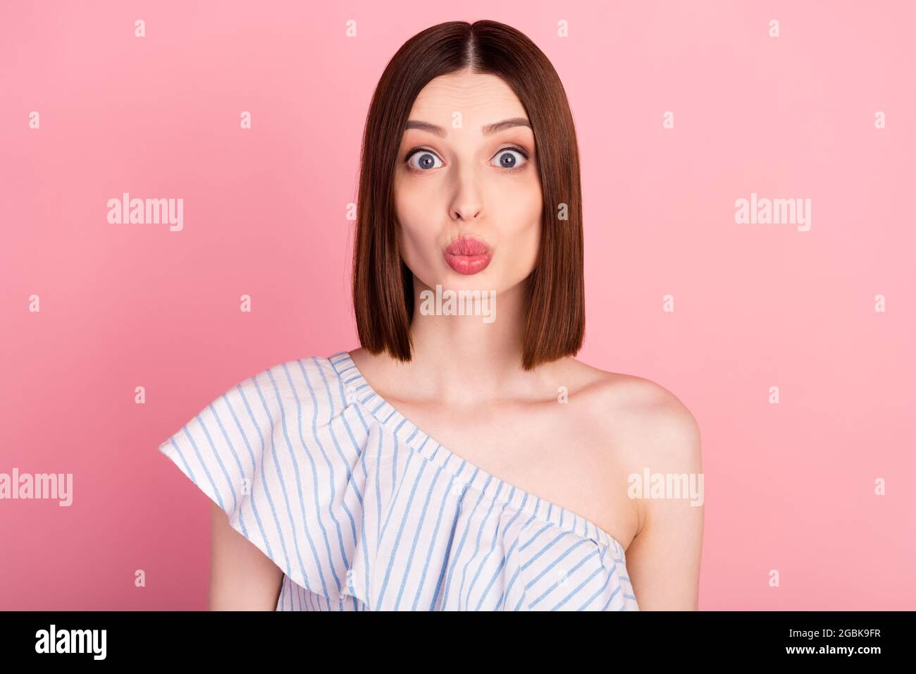 Photo Of Impressed Brunette Millennial Lady Blow Kiss Wear White Top