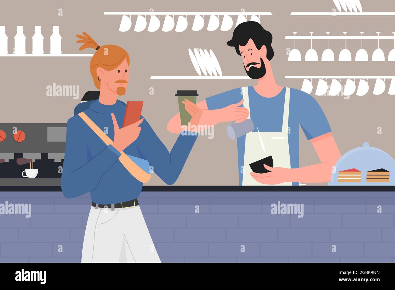 People drink coffee in cafe vector illustration. Cartoon male hipster ...