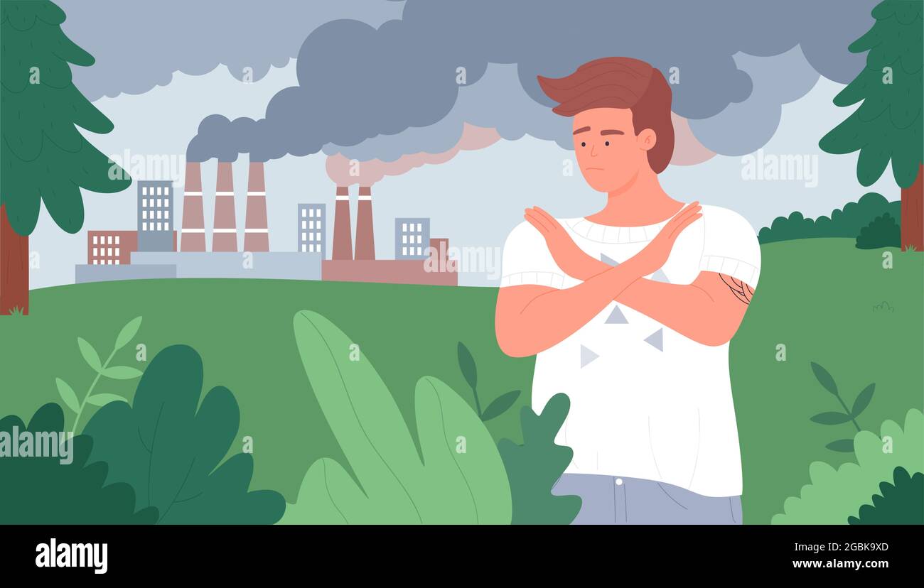 Stop air pollution, ecology problem vector illustration. Cartoon young ...
