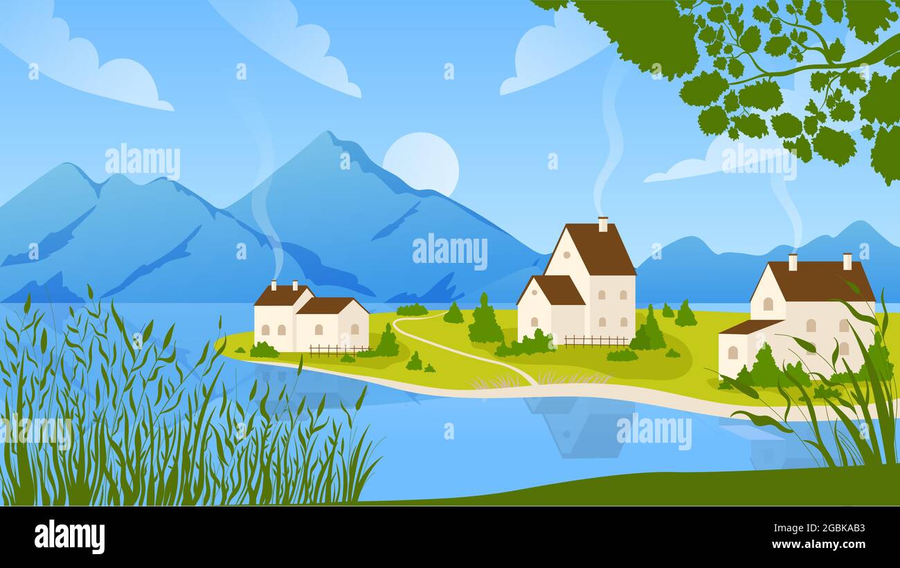 Village on river, mountain summer nature landscape vector illustration ...