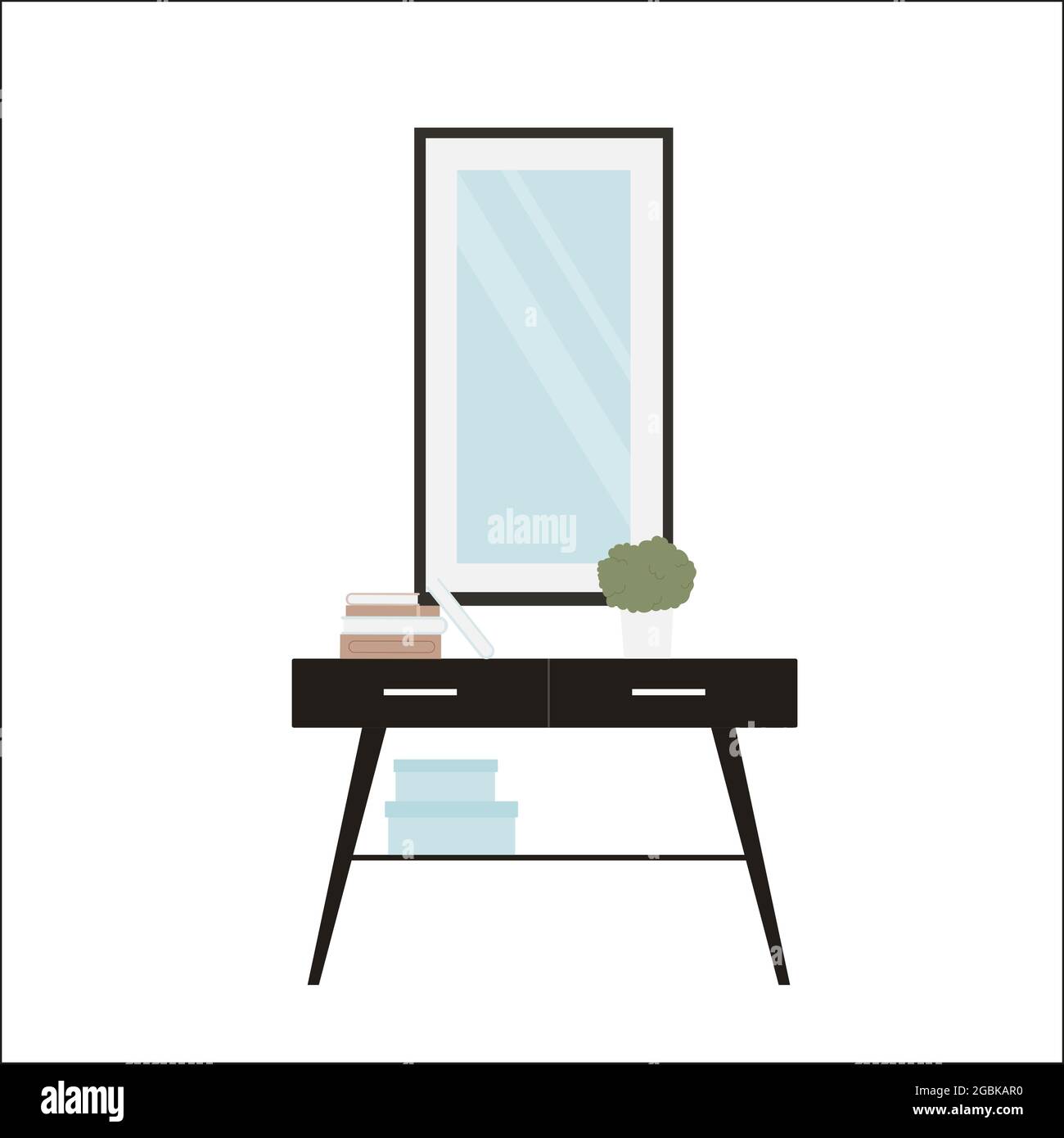 Modern table with books and mirror, furniture interior decor design for ...