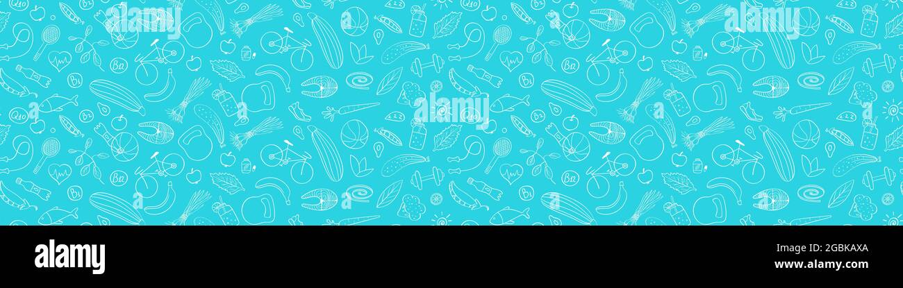 Healthy lifestyle seamless pattern. Horizontal border with hand drawn ...