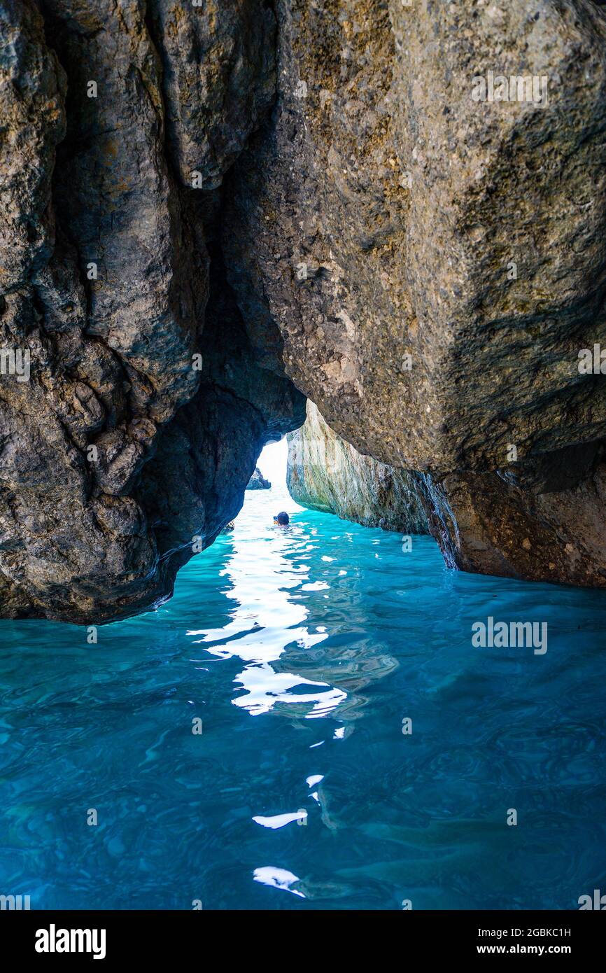 Geological formation of the famous Foneas beach. The rocky beach is ...