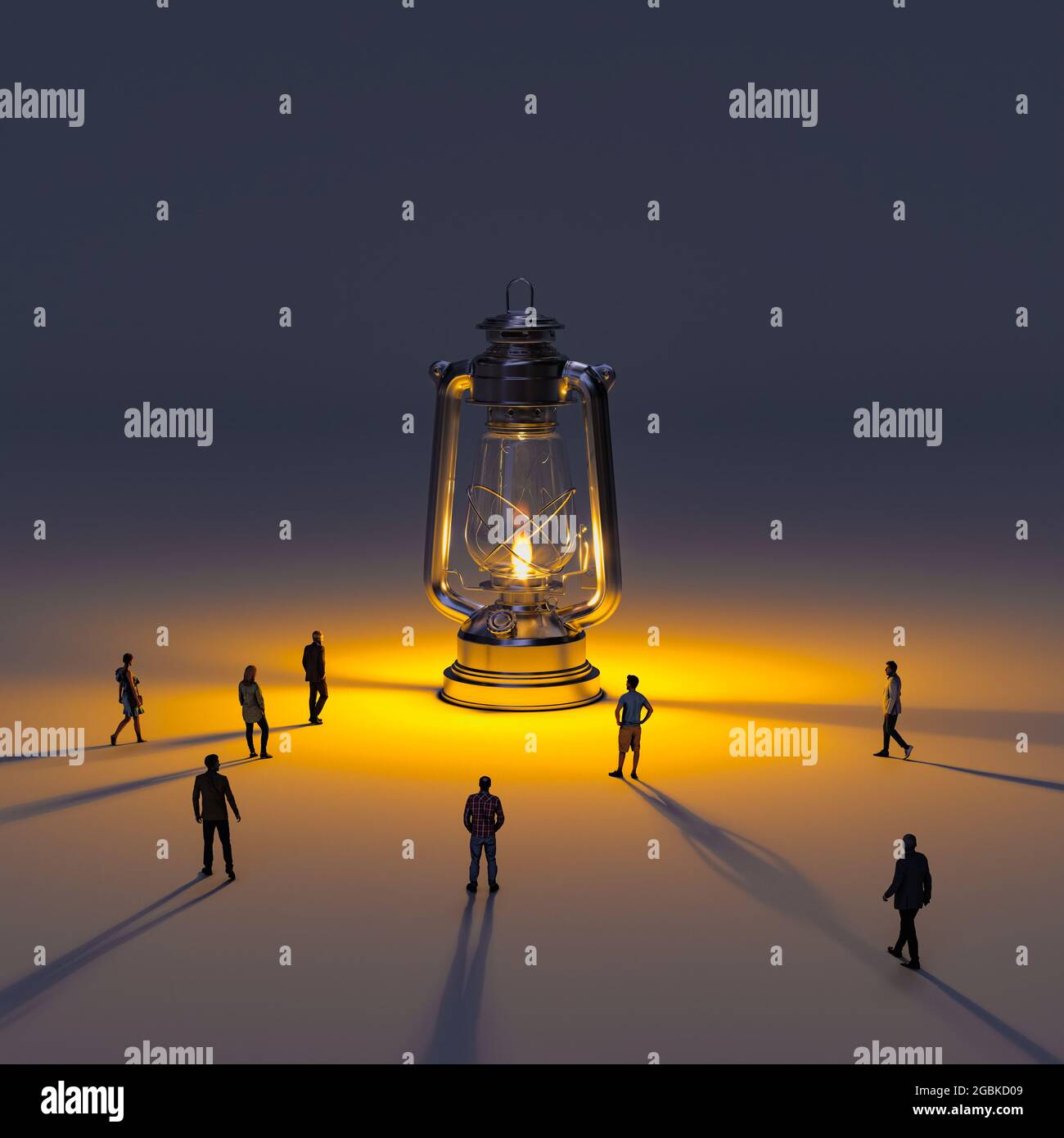 huge kerosene lamp with flame and people going towards the light. 3d ...