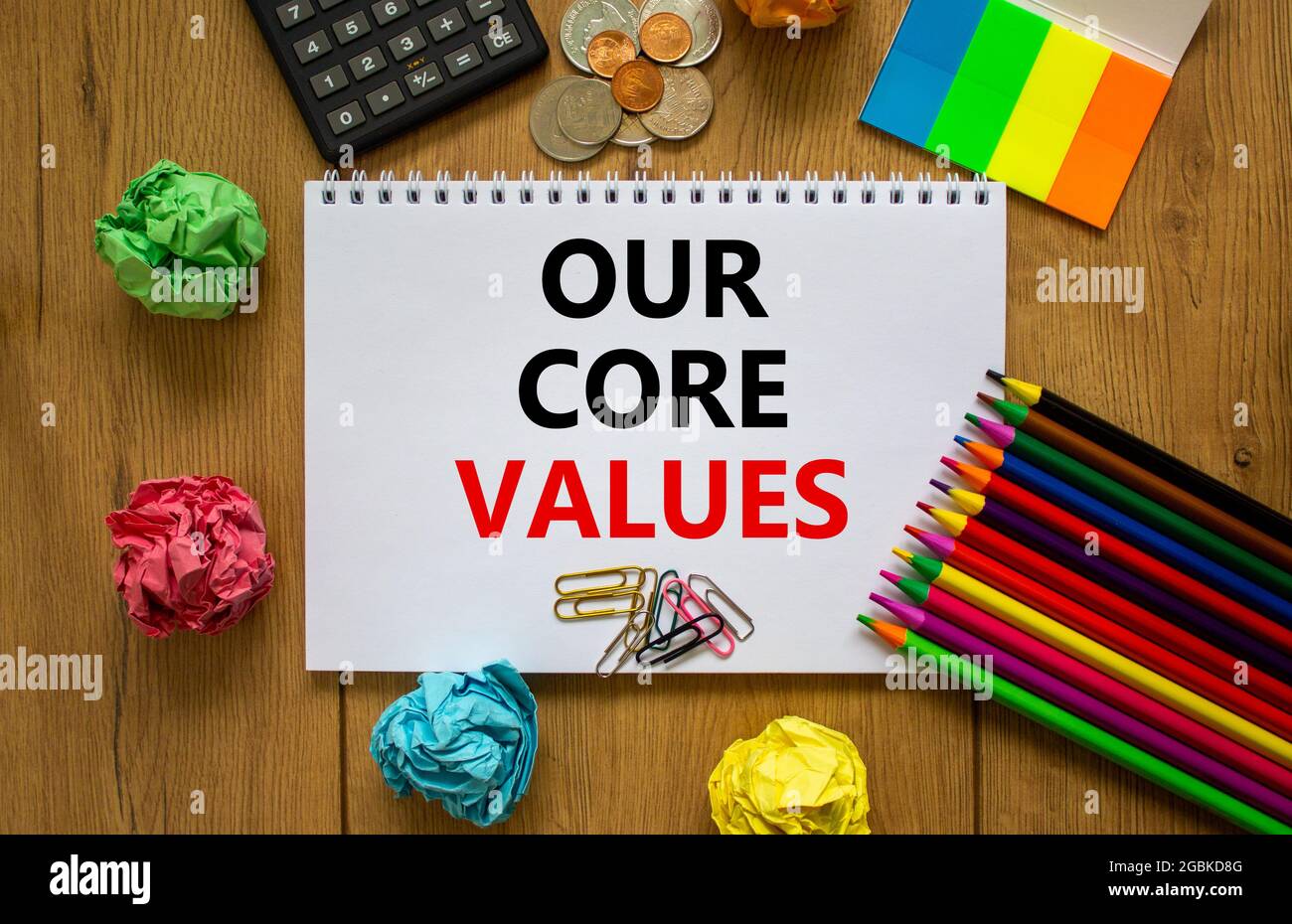 Our core values symbol. White note with words 'Our core values' on ...