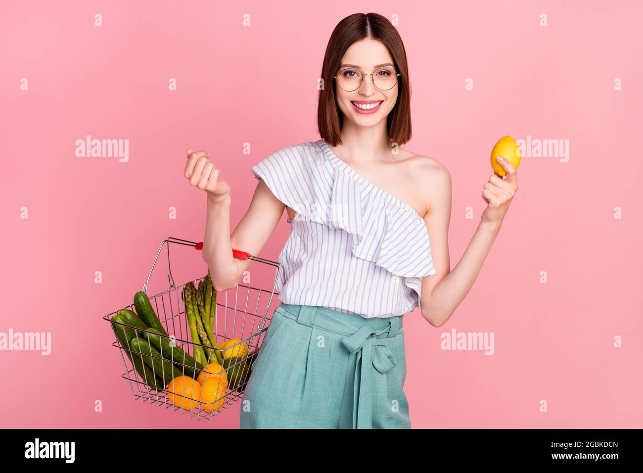 Photo of young woman happy positive smile shop grocery store food fresh ...