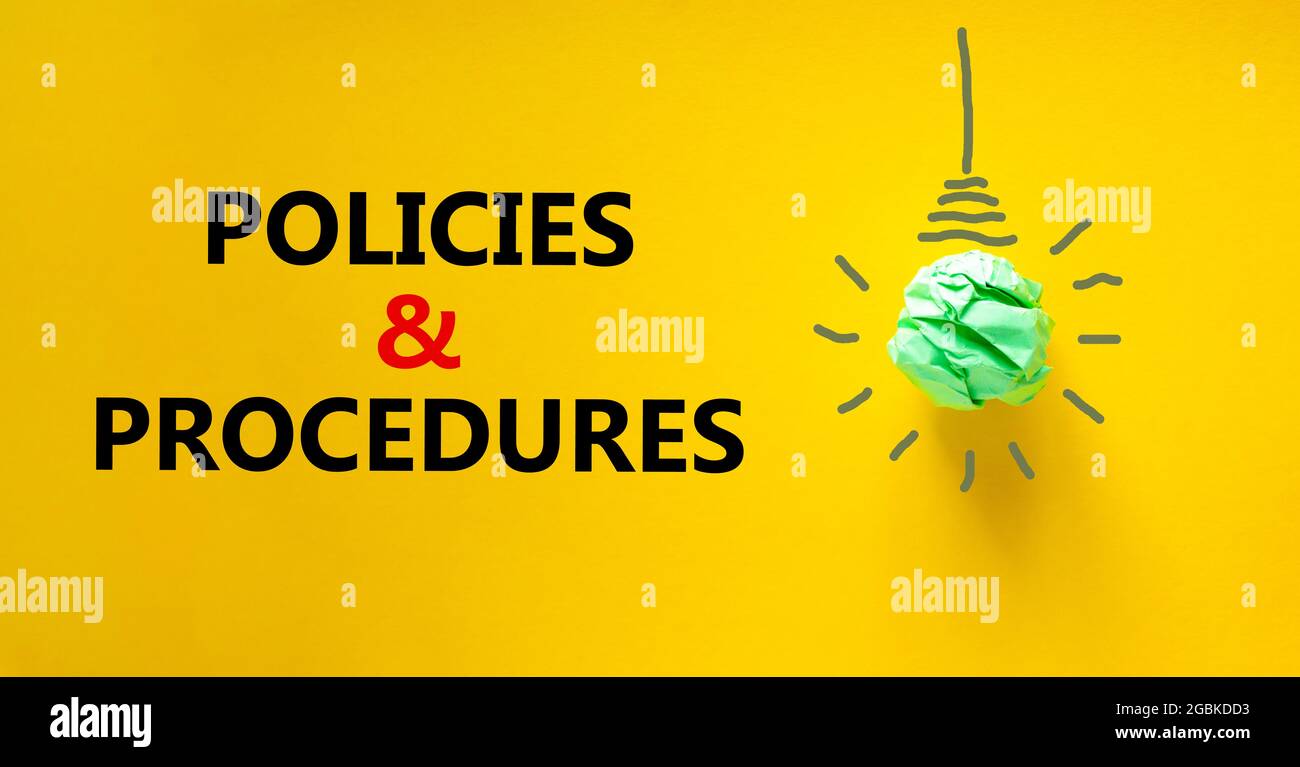Policies and procedures symbol. Green shining light bulb icon. Words ...