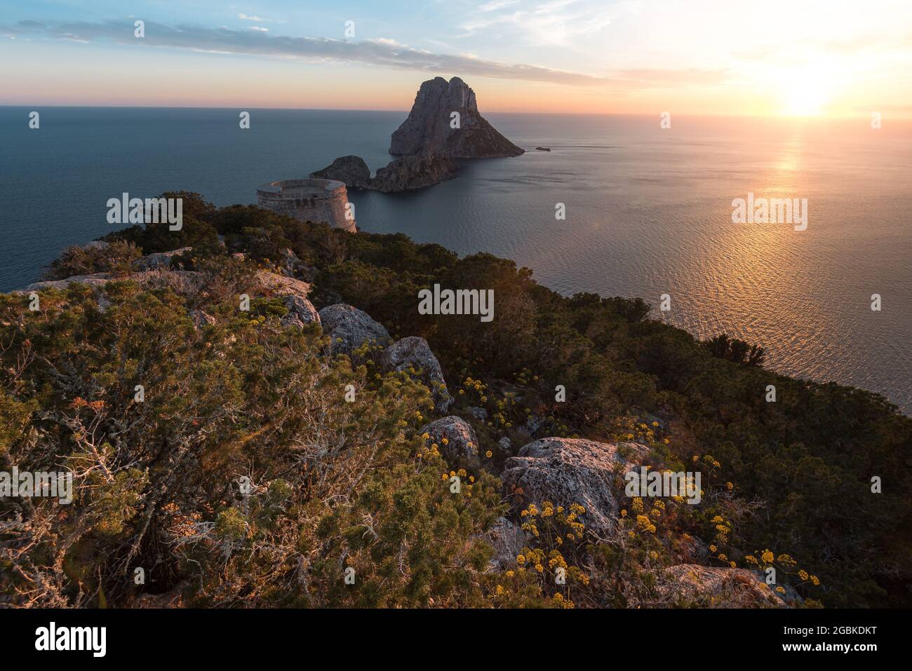 Savinar Tower and Es Vedra island at sunset, Ibiza, island Spain Stock ...