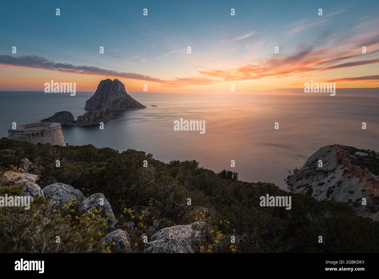 Savinar Tower and Es Vedra island at sunset, Ibiza, island Spain Stock ...