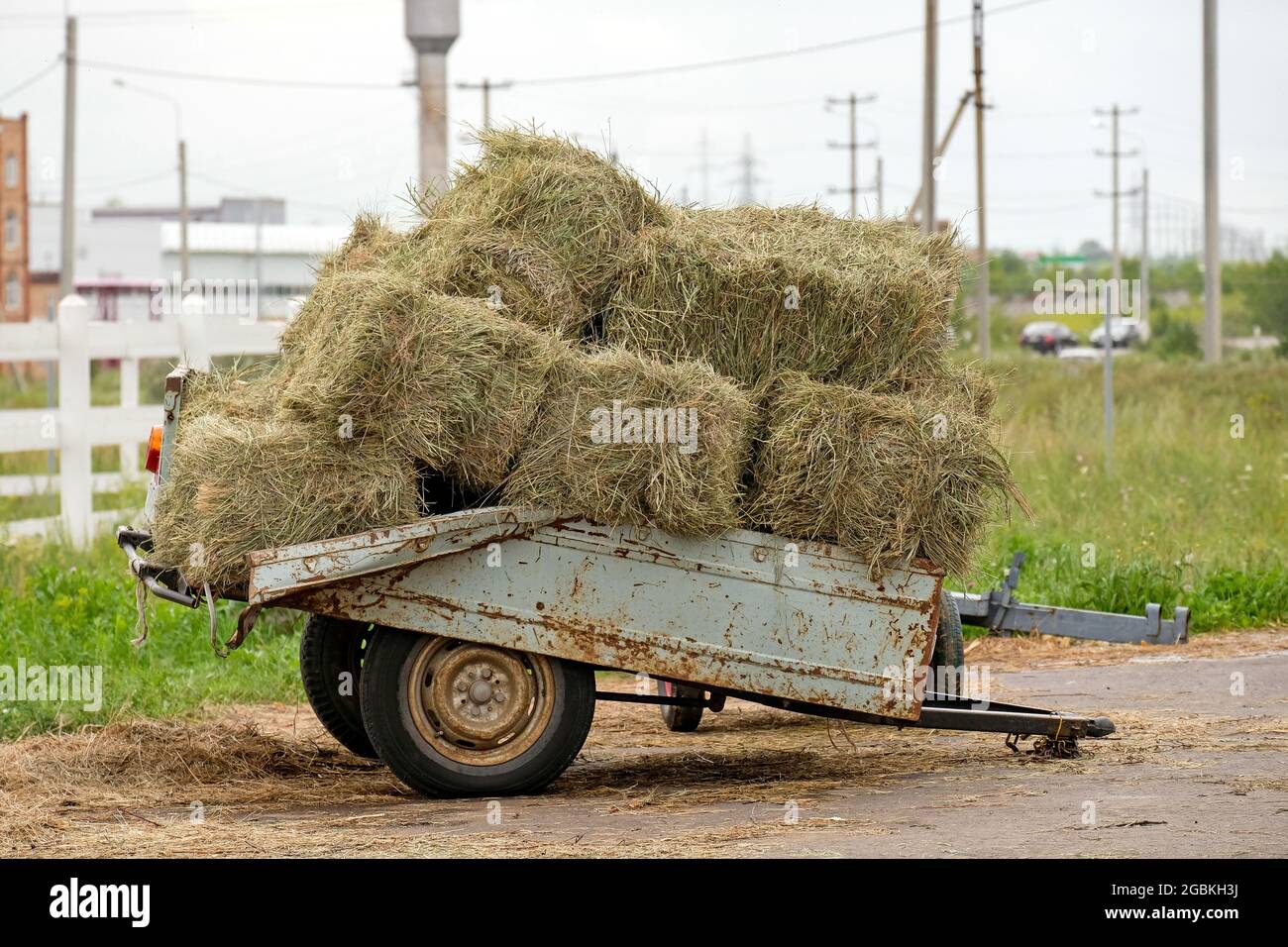 Packaged hay in an old stable trailer Stock Photo - Alamy