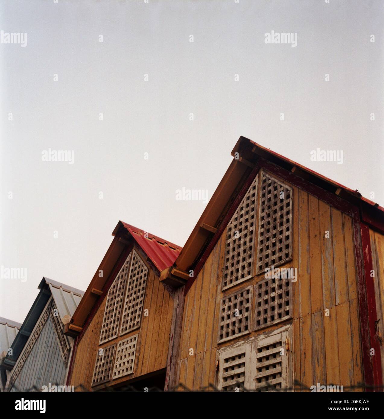 Low angle shot of wooden cabins in Ribatejo, Portugal Stock Photo - Alamy