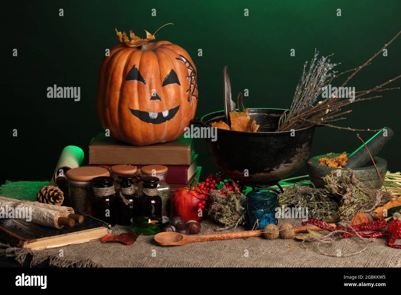 Scary halloween laboratory in green light Stock Photo - Alamy