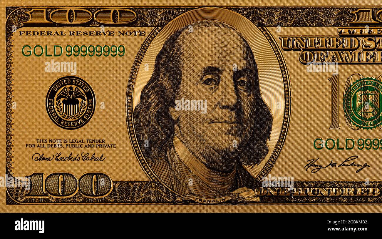 golden 100 US dollar banknote for design purpose Stock Photo - Alamy