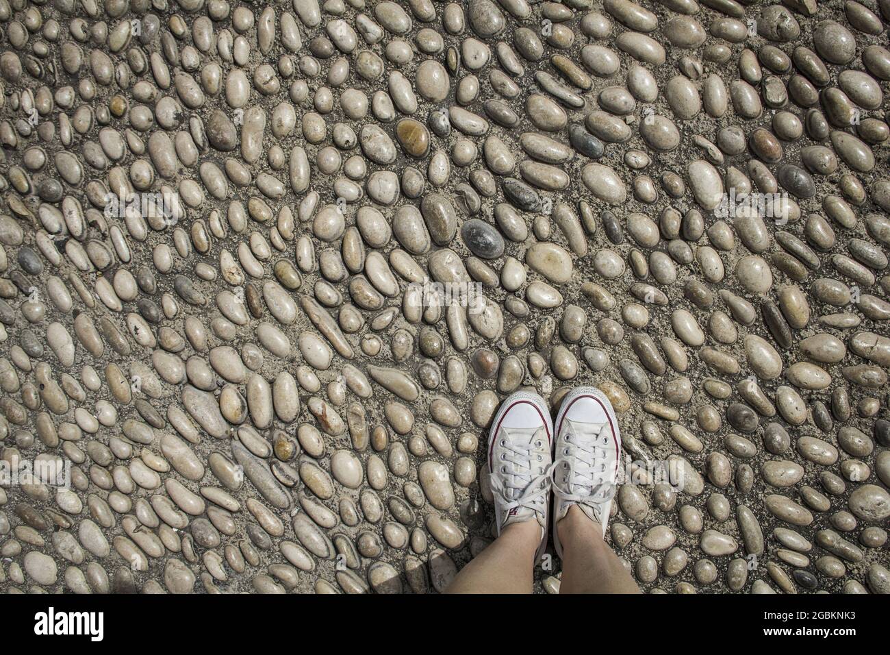 Top view of female feet in white shoes on the stones pavement surface ...