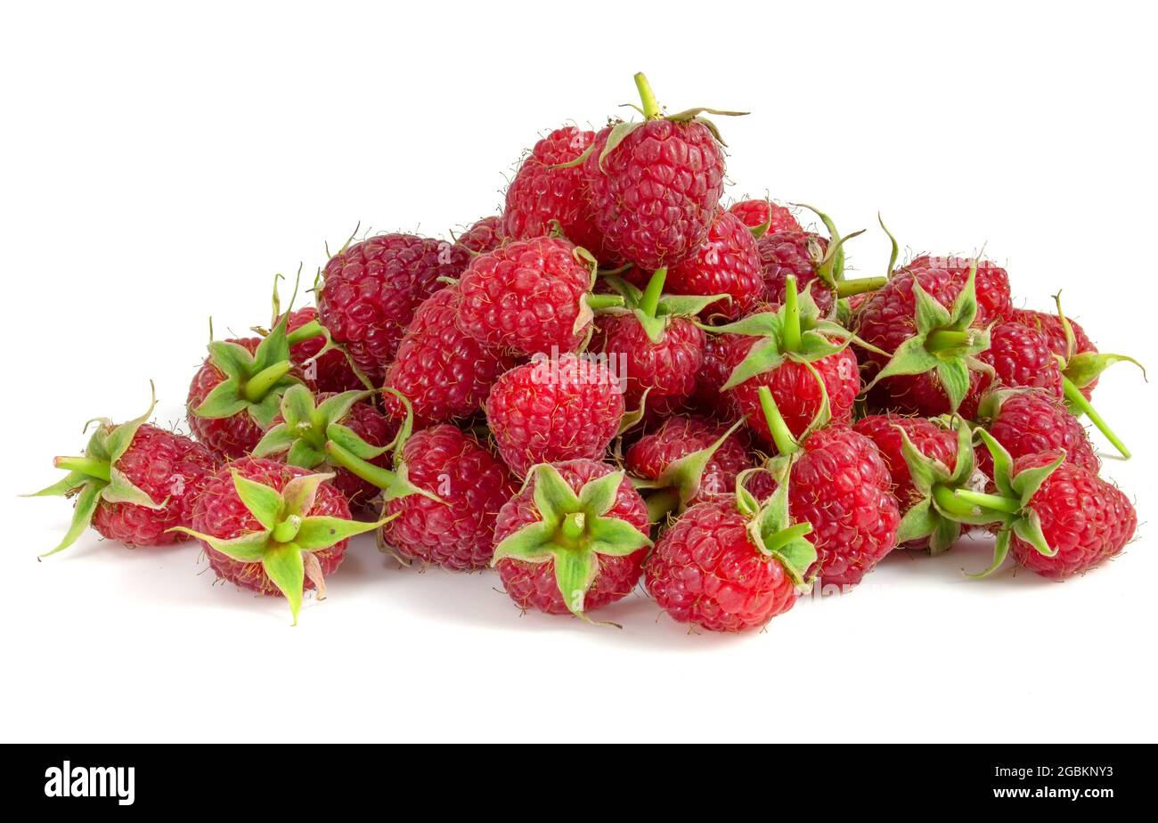 Raspberry slide isolated on white background. Fresh berries with green ...