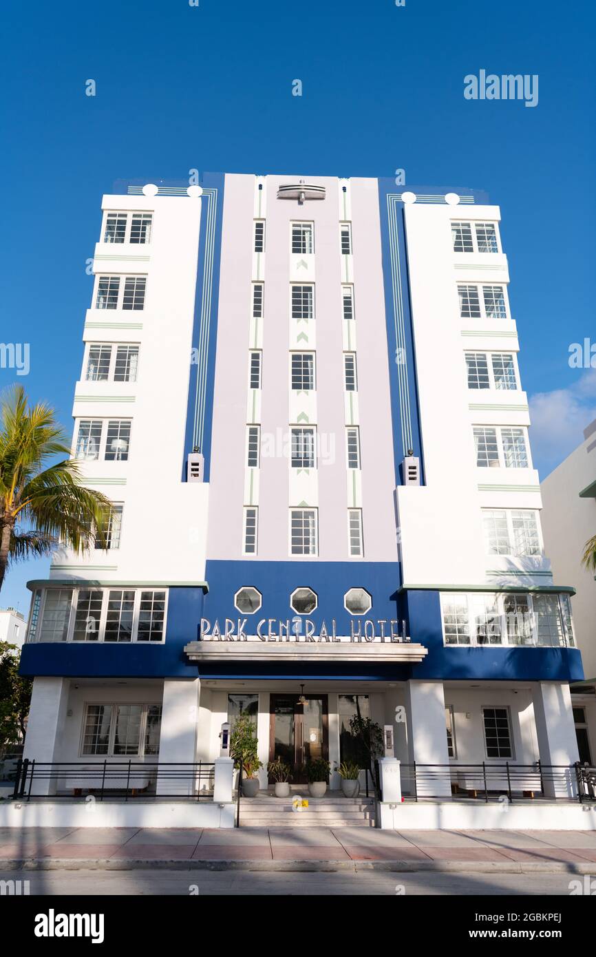 Miami, USA - April 15, 2021: Park Central hotel in art-deco district on ...