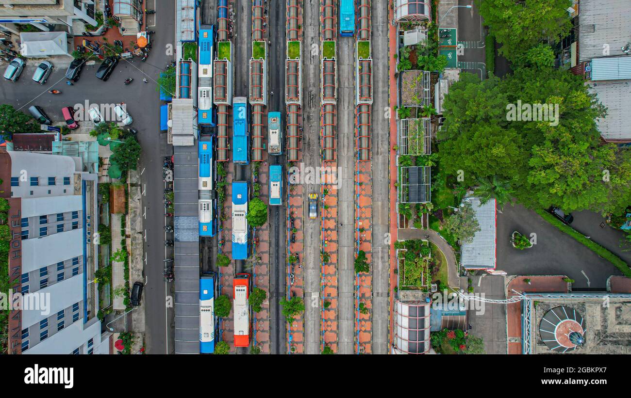 Aerial view of Bus platform at the new constructed railway station ...