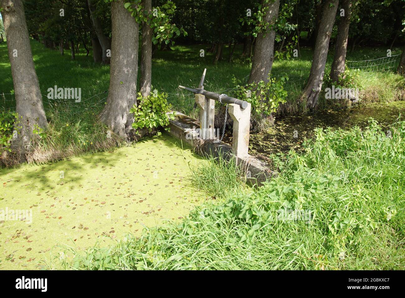 Concrete small weir in a ditch with a manually operated slide. In North ...