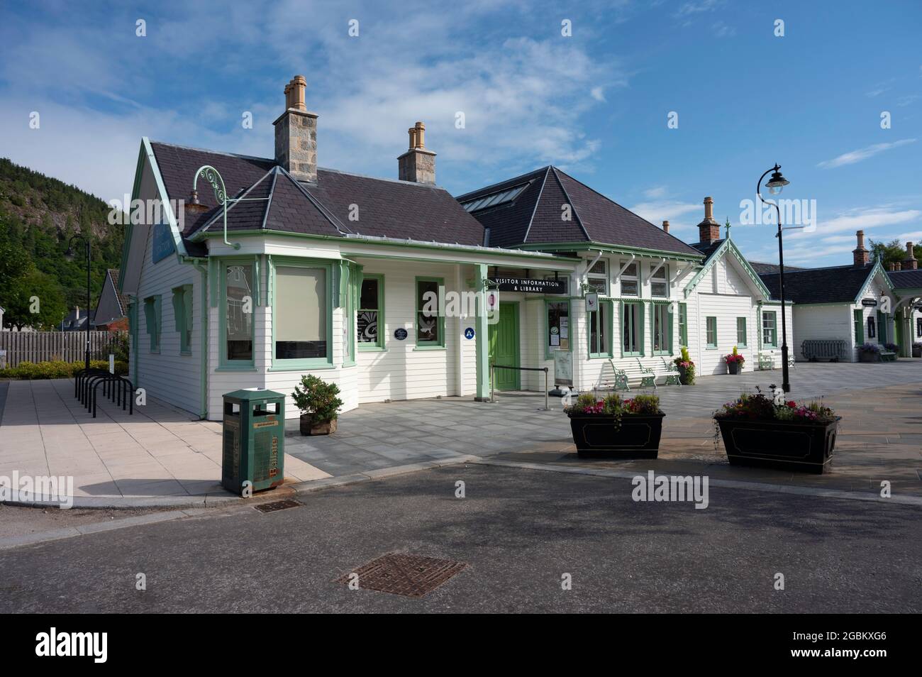 Exterior of Ballater railway station. A disused but restored building ...