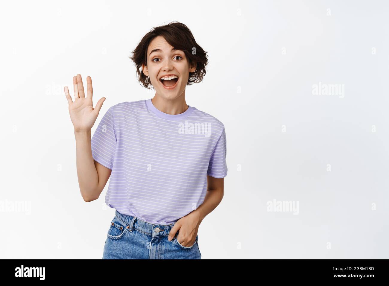 Attractive Young Woman Saying Hello High Resolution Stock Photography ...