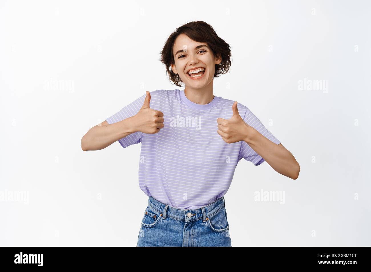 Image of happy smiling woman, laughing girl thumbs up, like and agree ...