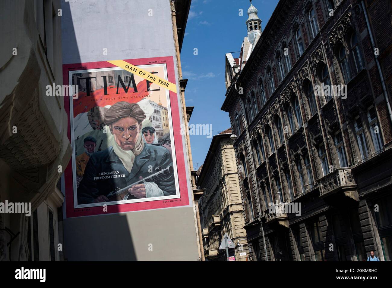 A mural in Budapest showing Time magazine's cover from January 1957 ...