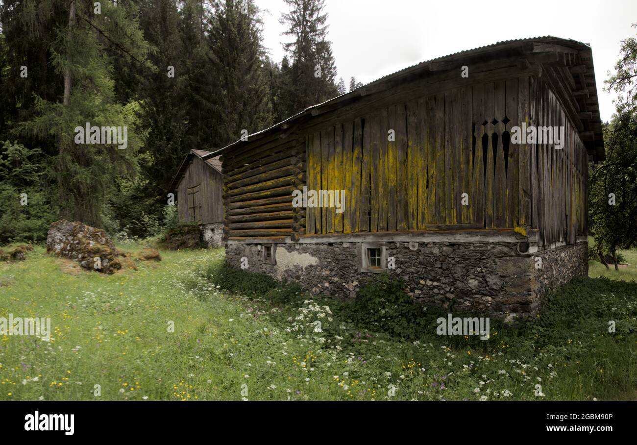 Barn in meadows near the Swiss village of Randa, Valais Stock Photo - Alamy
