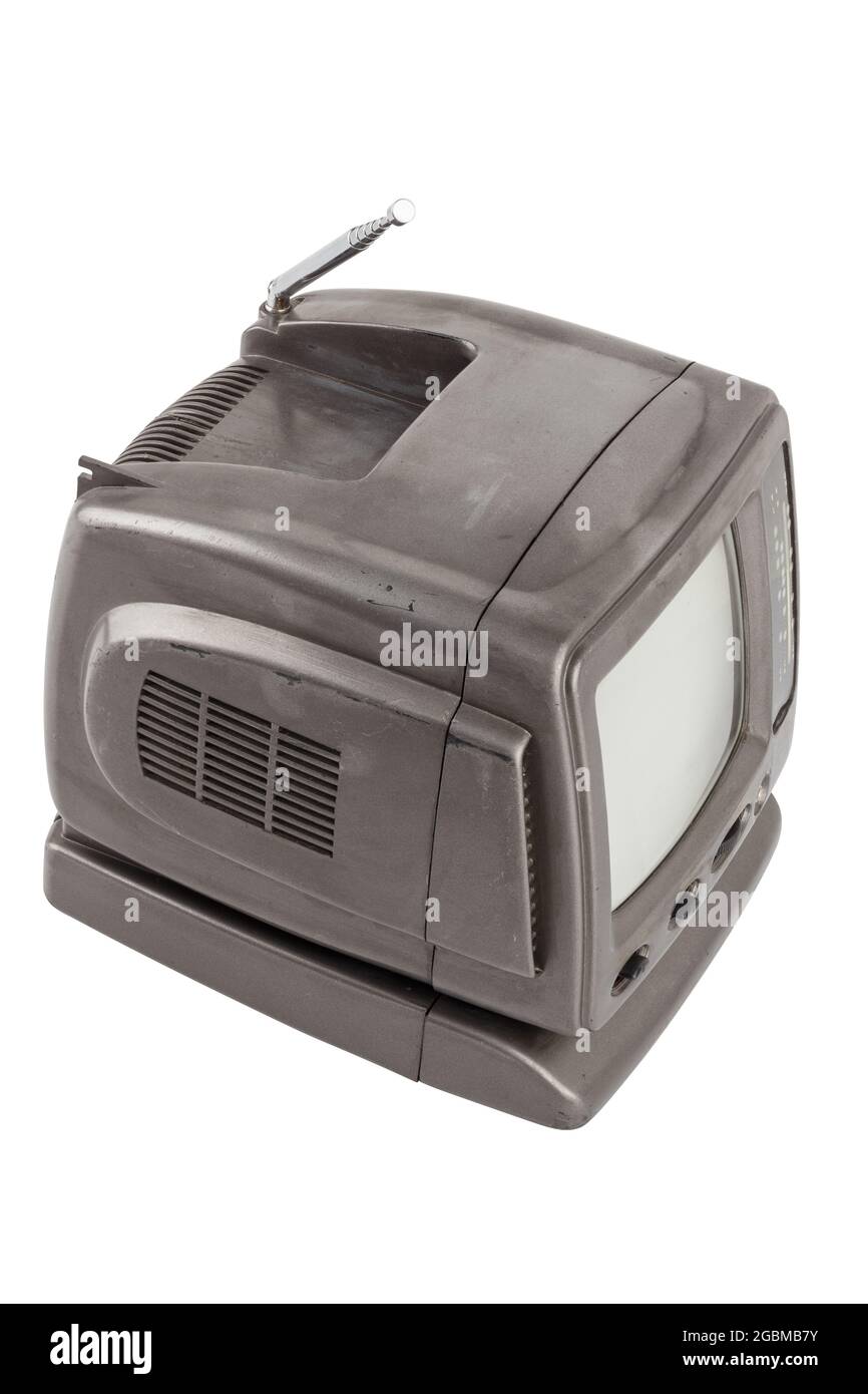 old used 5.5 inch protable analog crt tv unit isolated on white ...