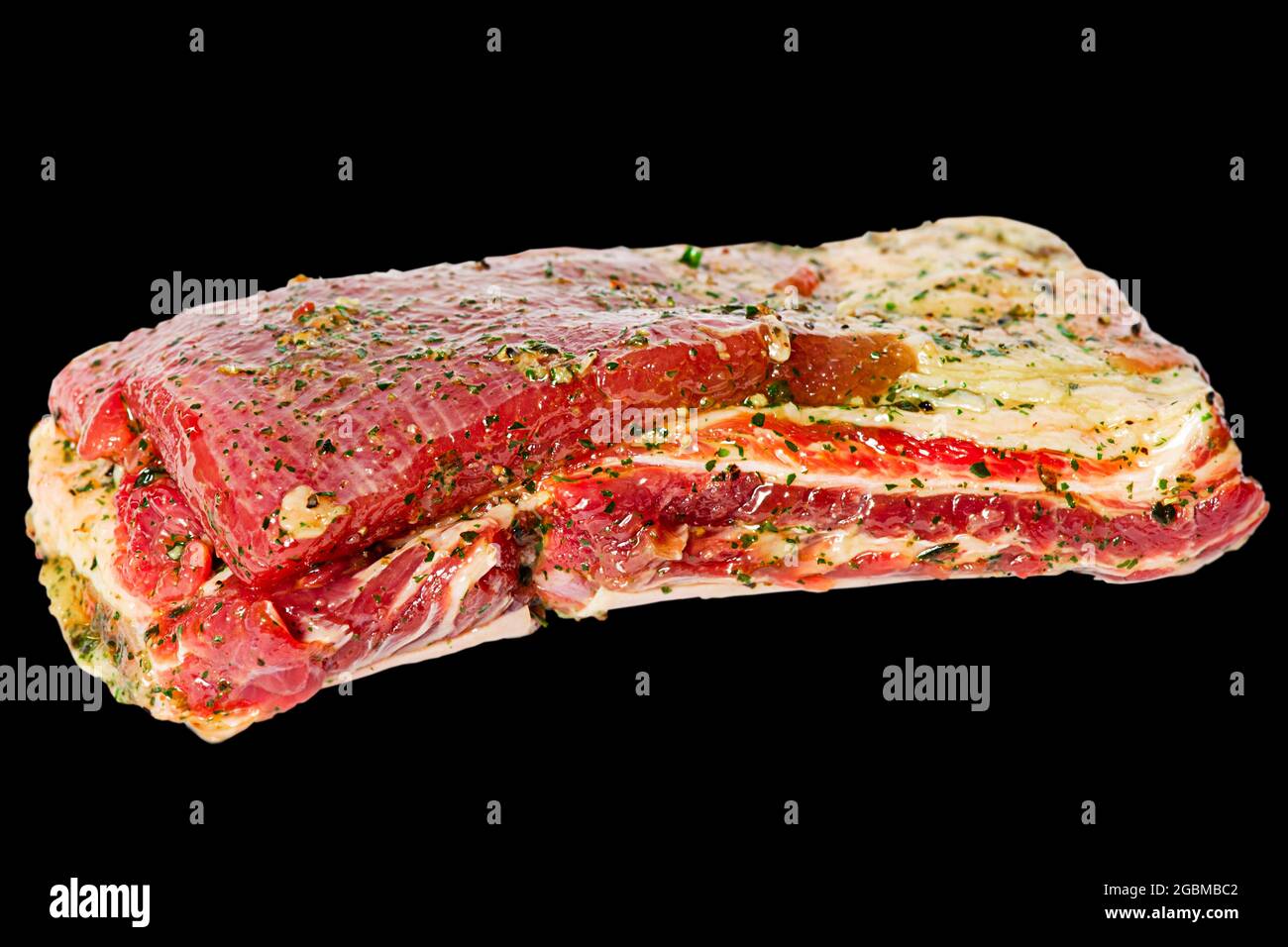 Beef meat marinated on black background. Raw beef ribs marinated ...