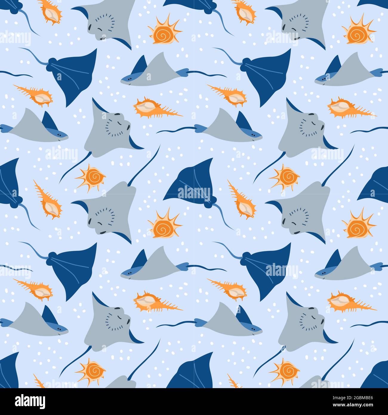 Vector seamless marine pattern with cartoon stingrays and shells ...