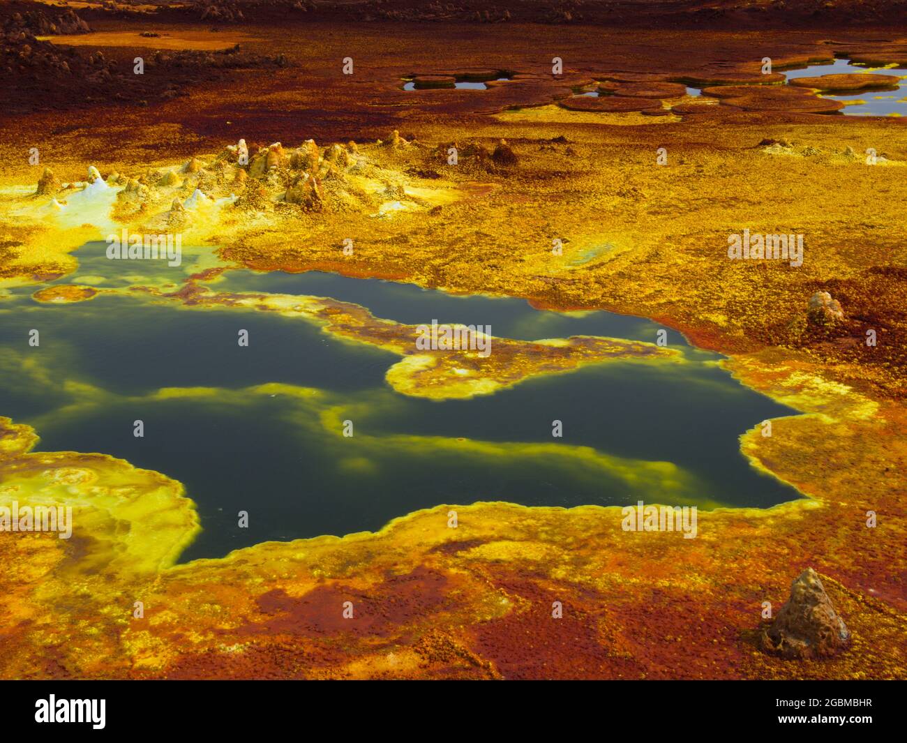 Closeup of bright colorful sulphur springs and rock patterns forming a ...