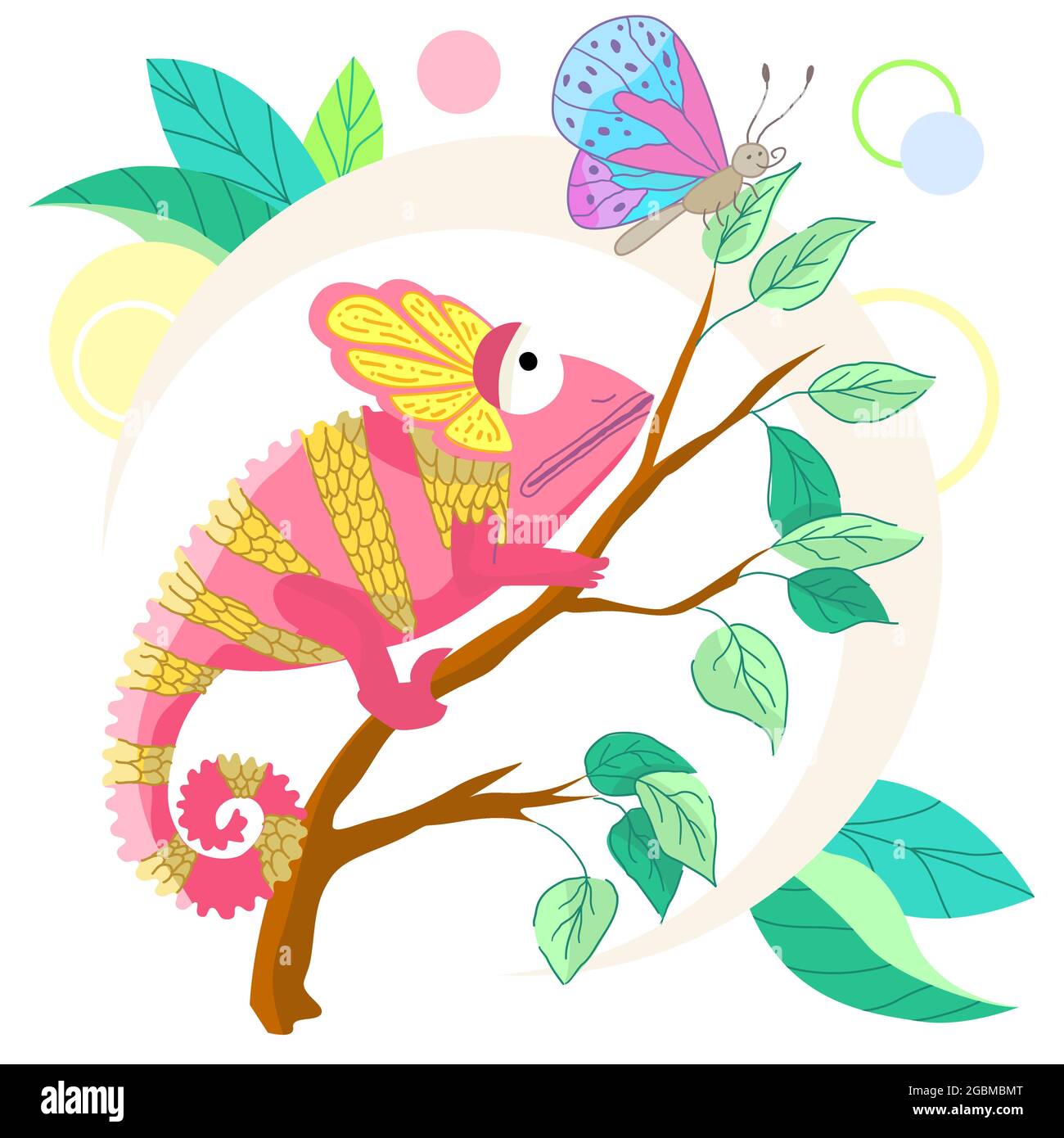 Vector cartoon chameleon on a branch with a butterfly on a white ...