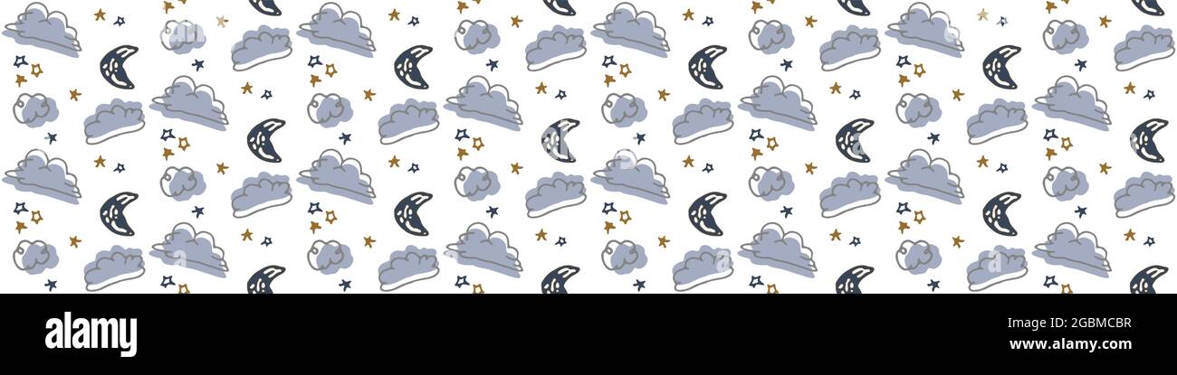 Seamless cartoon cloud with moon doodle border. Whimsical minimal ...