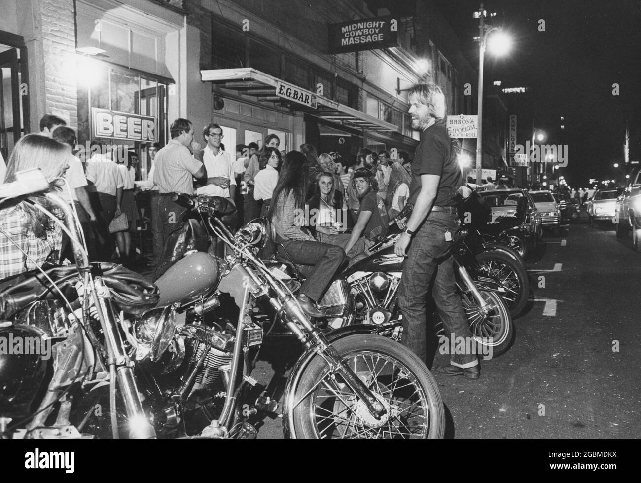 Austin, Texas USA, circa 1984: Motorcycles parked in front of bar on ...