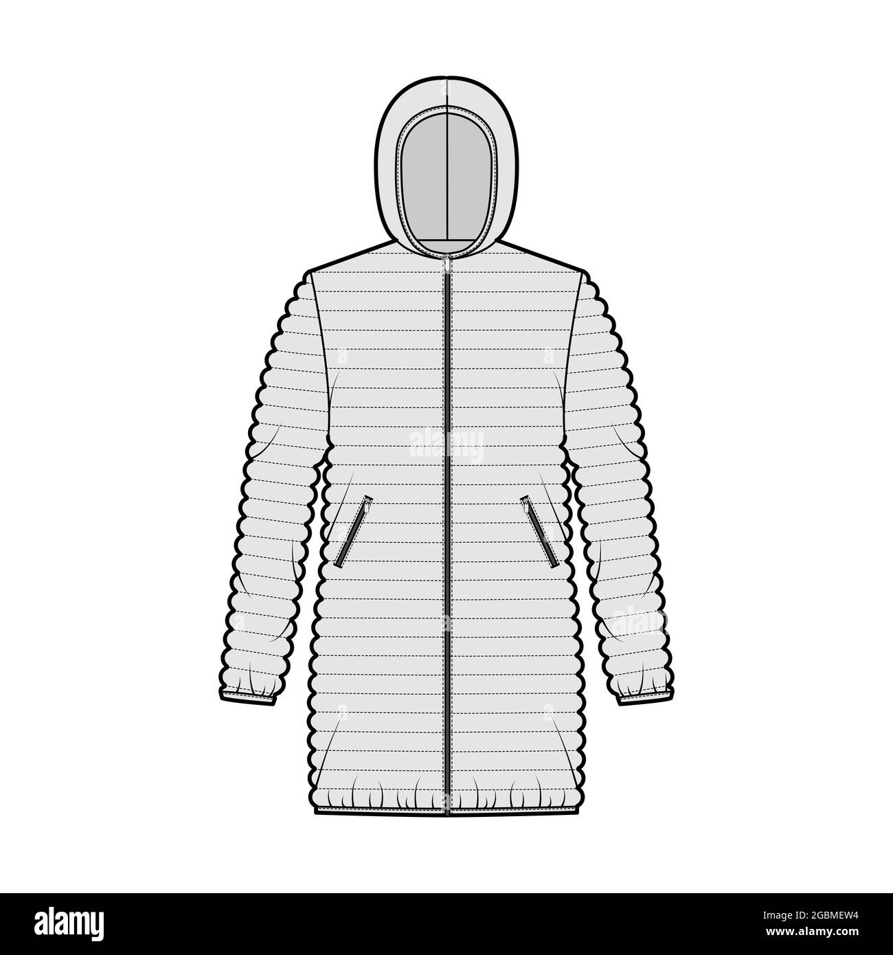 Down Puffer Coat Jacket Technical Fashion Illustration With Long